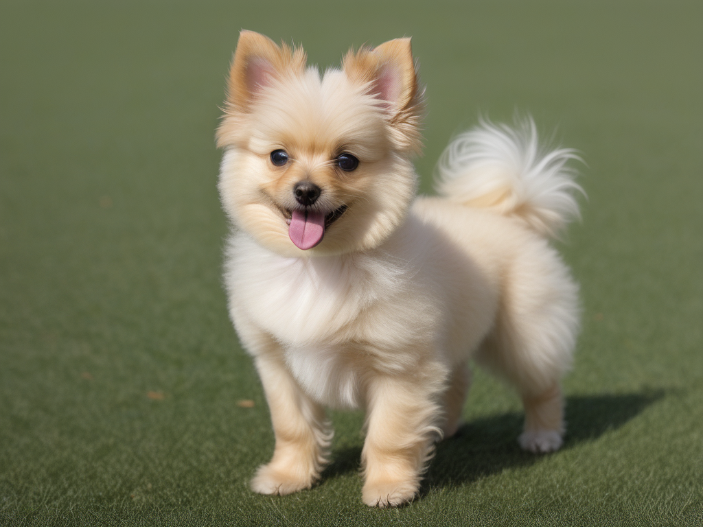 Adorable Pomeranian Puppy Playfully Smiling on a Sunny Green Lawn.