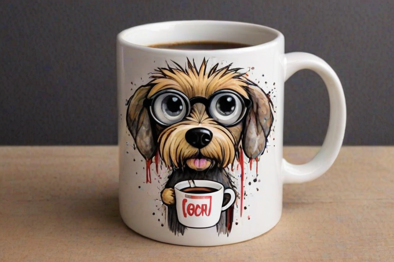 Adorable Cartoon Dog Holding a Coffee Mug with Big Glasses