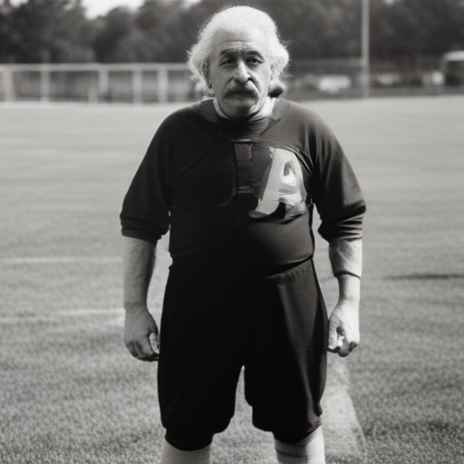 albert einstein on a football field, in a football uniform