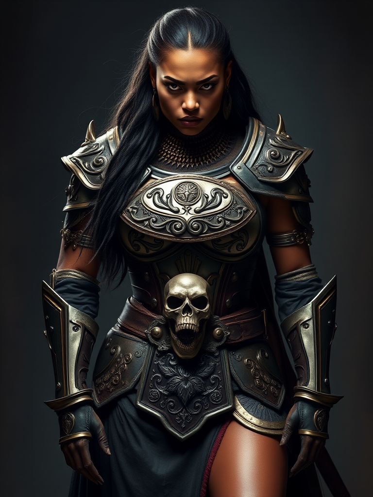 Fierce Warrior Woman in Intricately Designed Armor with Skull Decoration