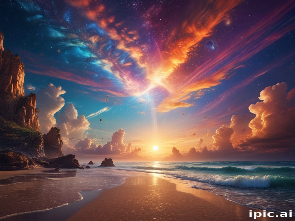 Stunning Cosmic Sunset Over Serene Beach with Vibrant Colorful Clouds