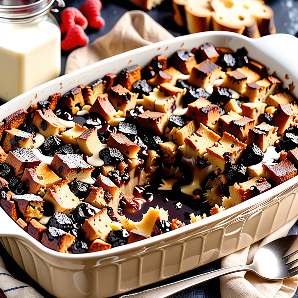 Deliciously Baked Bread Pudding with Chocolate and Raspberries Ready to ...