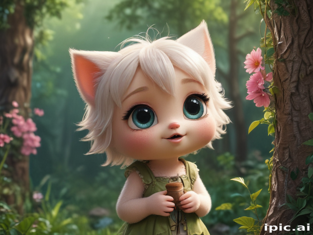 Adorable Forest Character with Cat Ears Surrounded by Nature's Beauty