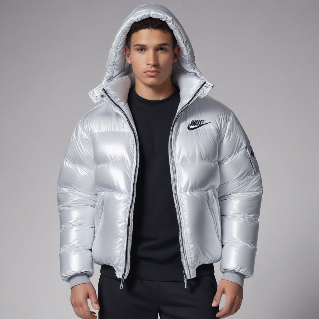 male supermodel nike shiny super puffer jacket bling jewellery hood large