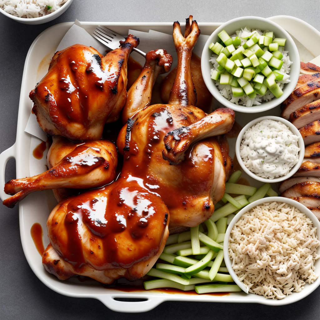 Delicious Barbecue Chicken Platter Served with Rice and Fresh Vegetables