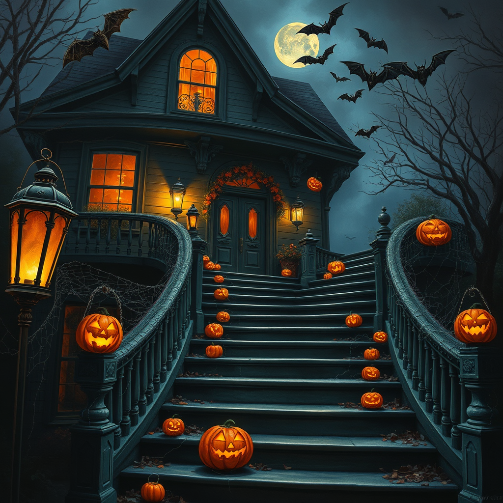 Spooky Halloween Night at a Haunted House with Glowing Pumpkins