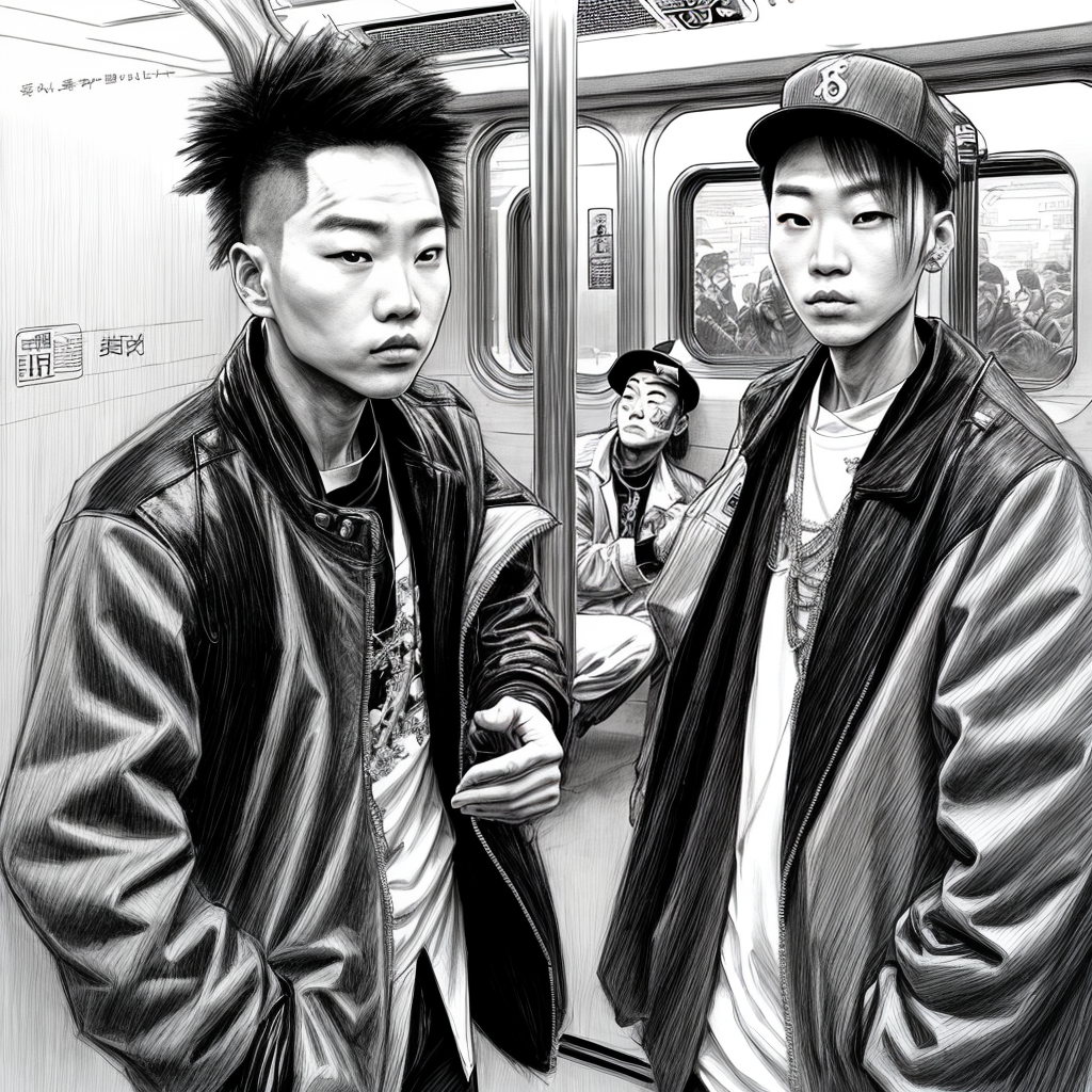 PORTRAIT. CHINESE RAPPER IN SUBWAY TRAIN. DANCERS HIP HOP. COMIC BOOK ...