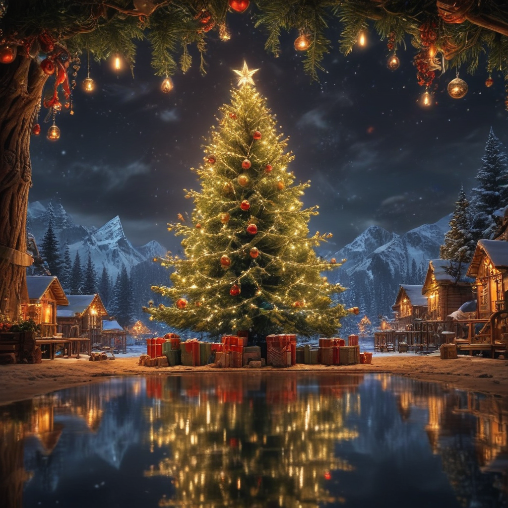 A Magical Winter Scene Featuring a Glowing Christmas Tree and Festive ...