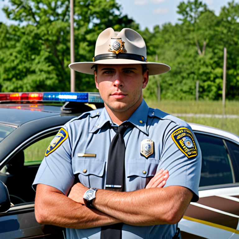 Kentucky State Trooper standing beside a car on a traffic stop, state ...