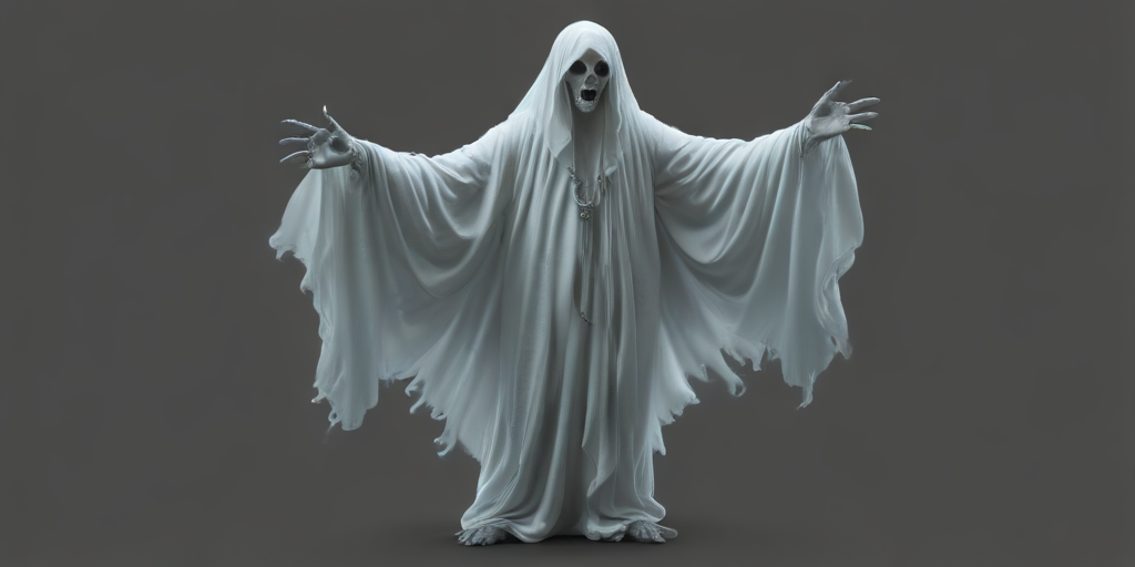 A Haunting Specter in Flowing White Robes with Eerie Outstretched Arms