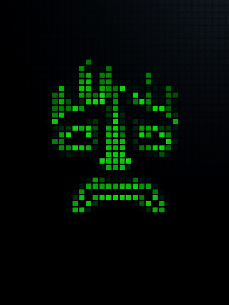 create a pixel art image of a sad face with green pixels on a black ...