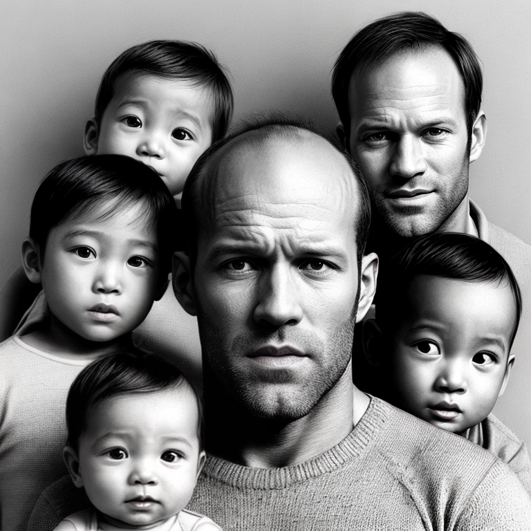 Baby with exact Jason Statham face and two men all with faces of Jason ...