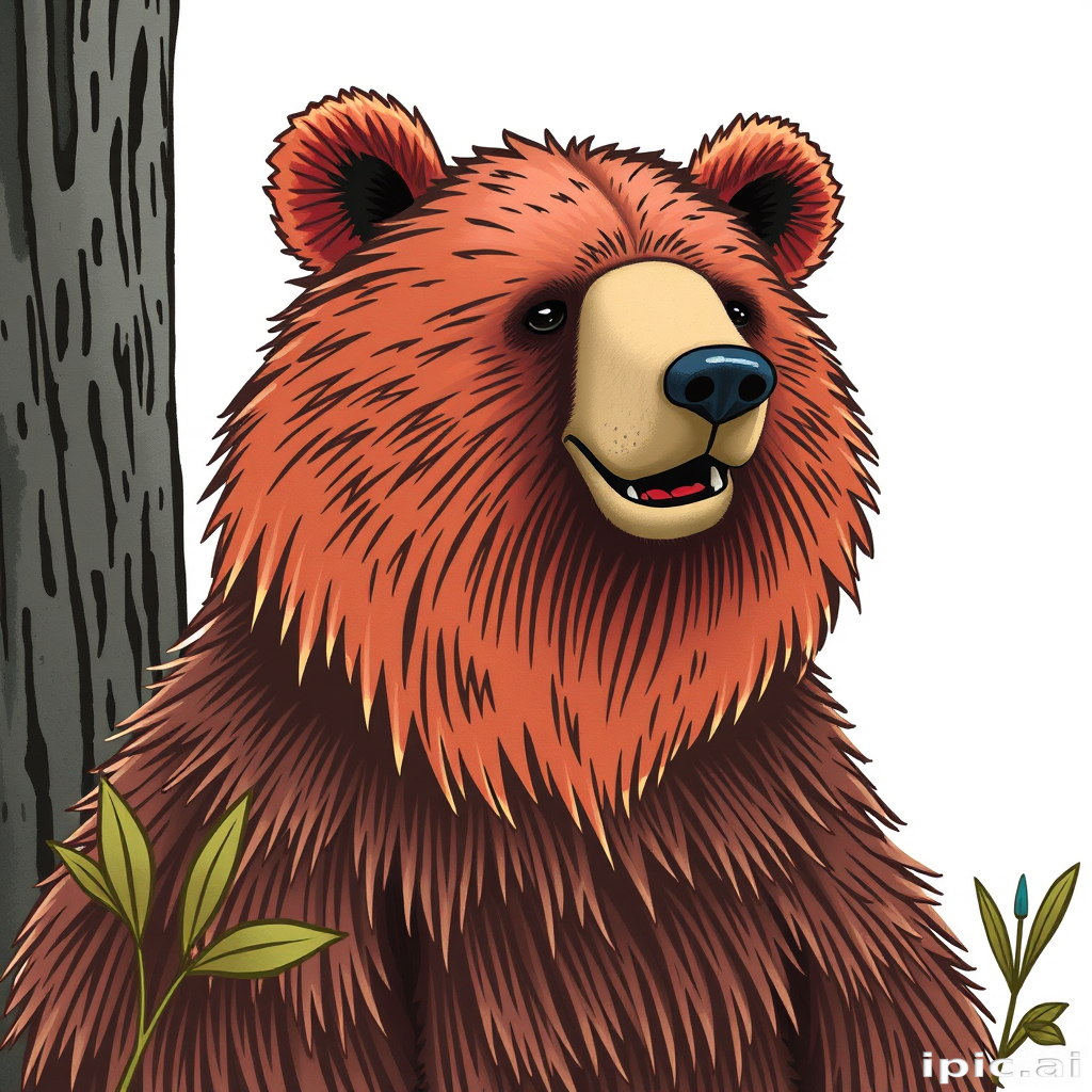Cheerful Bear Standing Among Trees with a Bright Smile and Green Leaves
