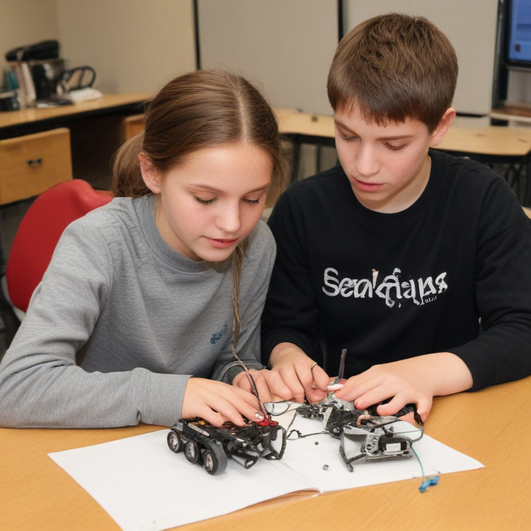 two students working together to a code robotic kit