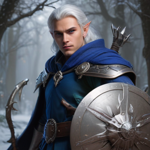 A male winter eldrin elf warlock with silver hair and blue eyes holding ...