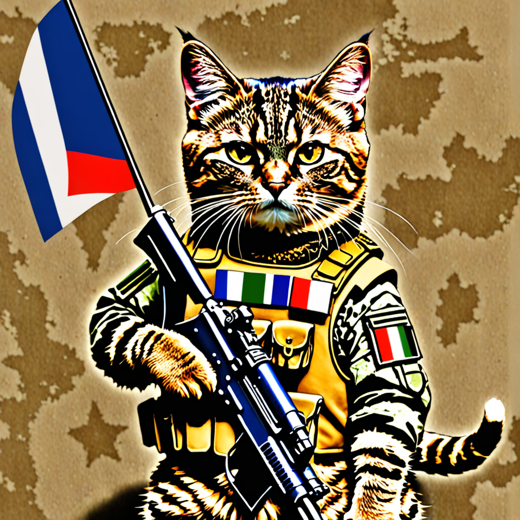 a cat with dangerous weapons and guns and they have nukes and french ...