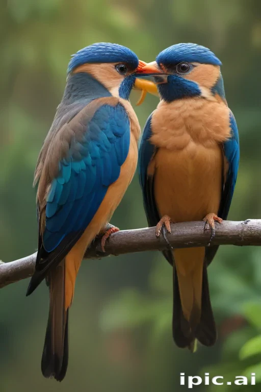 Two Vibrantly Colored Birds Sharing a Tender Moment on a Branch