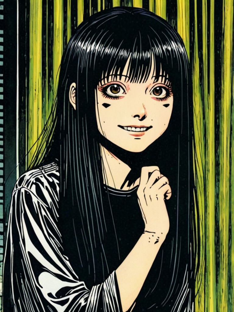 sci-fi, tomie, curtain bangs, cyberpunk, junji ito, lain, smile, dark ...