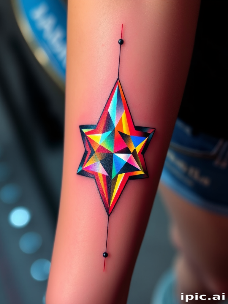 Vibrant Geometric Star Tattoo with Colorful Facets on the Forearm