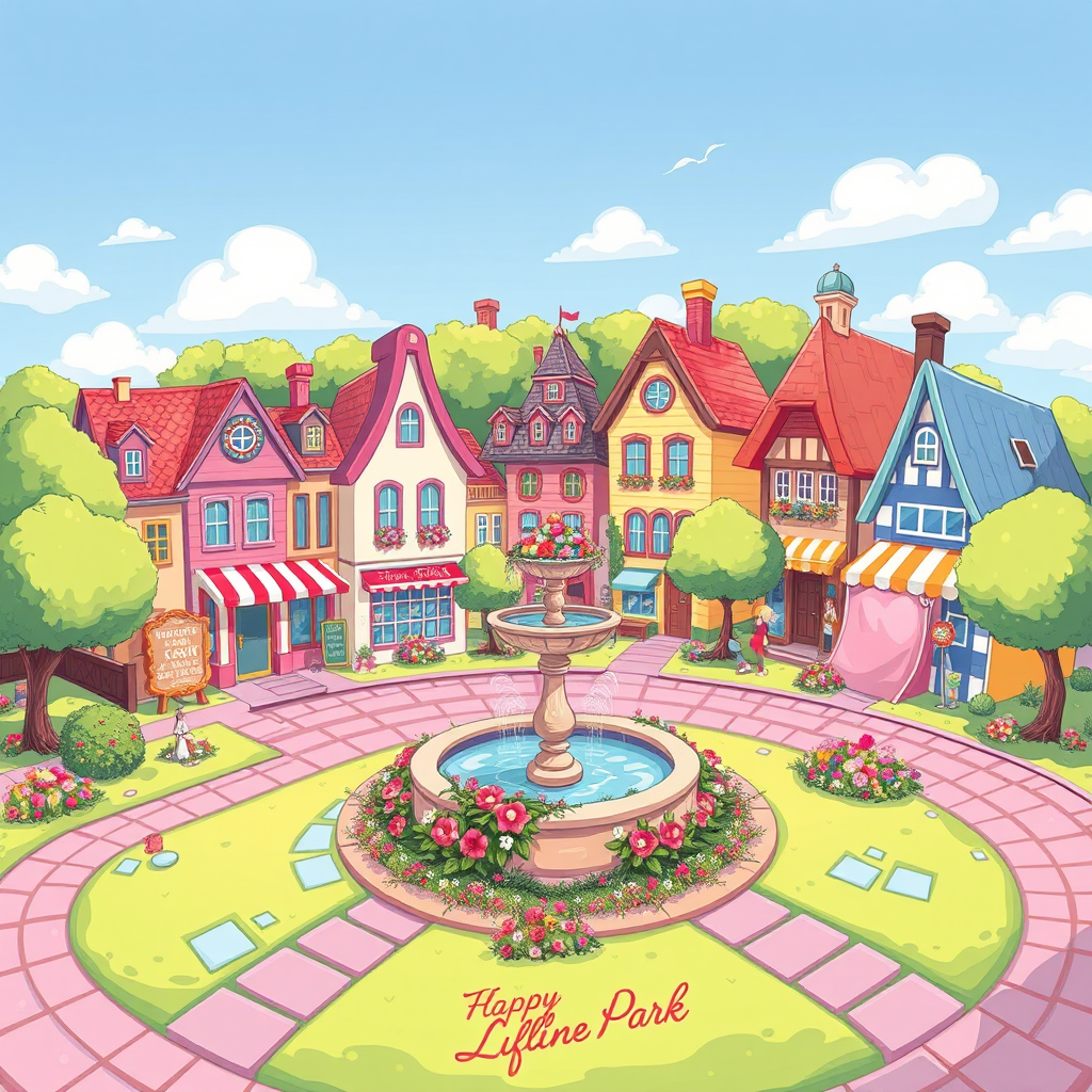 Charming Village Square with Colorful Buildings and a Central Fountain