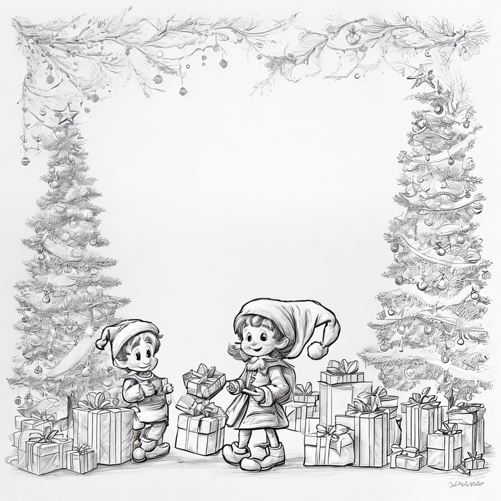 Simple line drawing, white background, cute, Christmas elf’s and ...