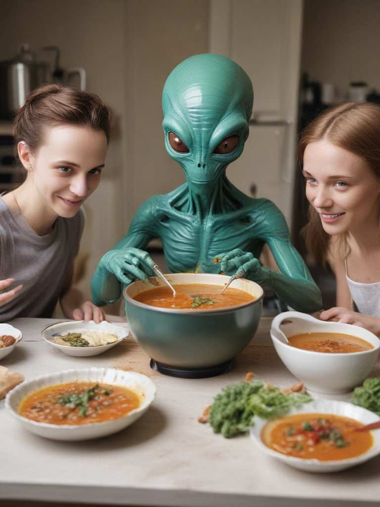 An alien making soup with friends