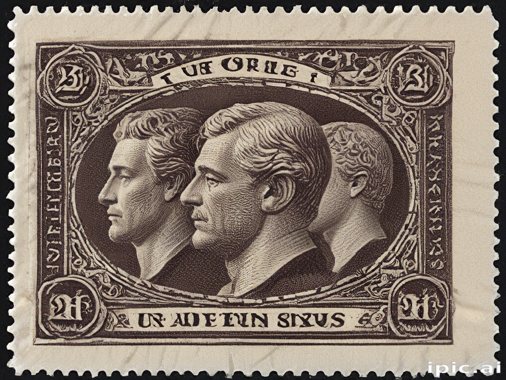Three Historical Profiles Displayed on an Intricately Designed Stamp