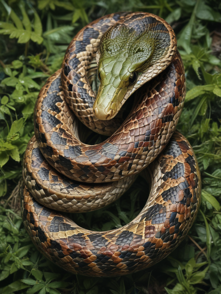 Colorful Python Coiled Gracefully Among Lush Greenery in the Wilderness