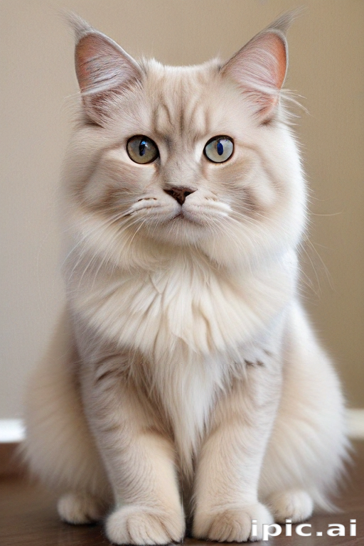 Fluffy Cream-Colored Cat with Striking Blue Eyes Sitting Gracefully