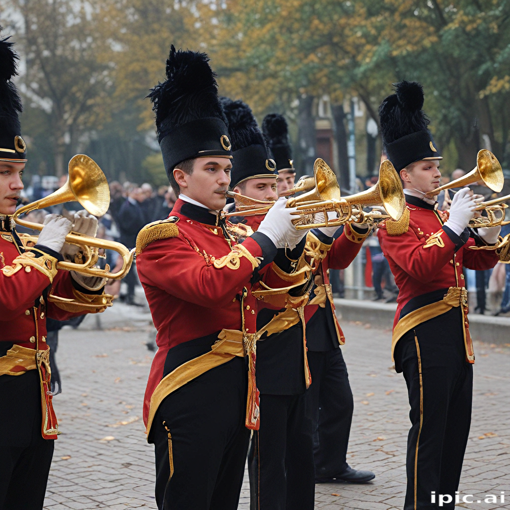 Marching Band Members in Uniform Playing Trumpets During Outdoor Parade ...