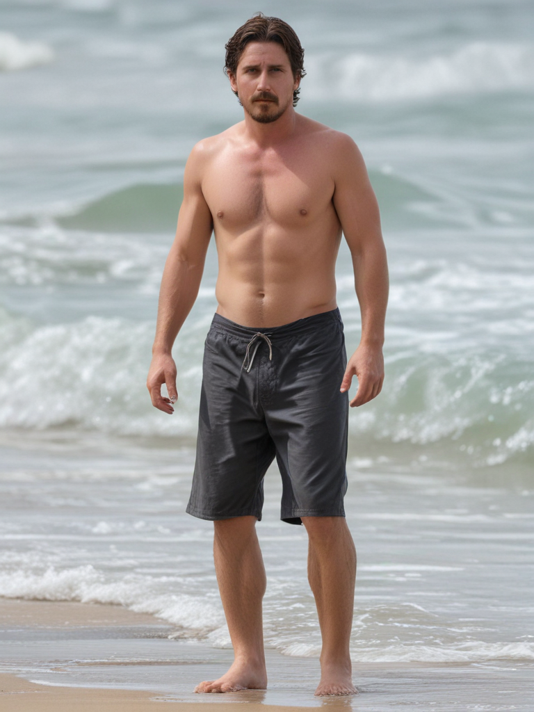 christian bale, full body on the beach