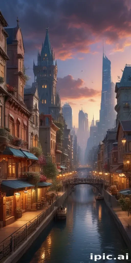 Enchanting Cityscape at Dusk Featuring Canals and Stunning Architecture