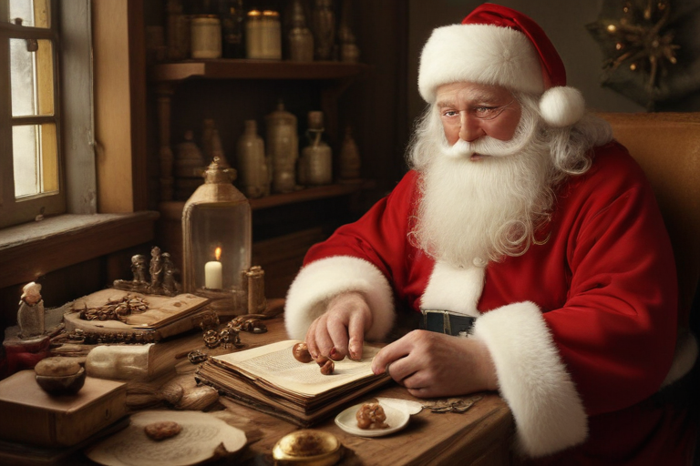 Santa Claus Preparing Gifts and Treats in His Cozy Workshop
