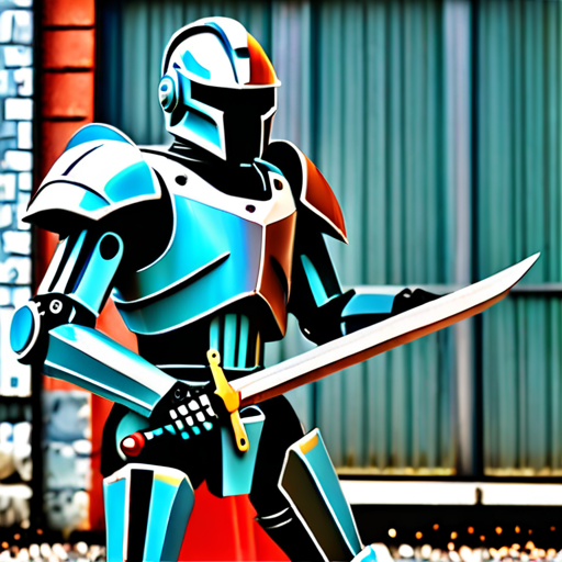 humanoid robot with spartan sword and shield