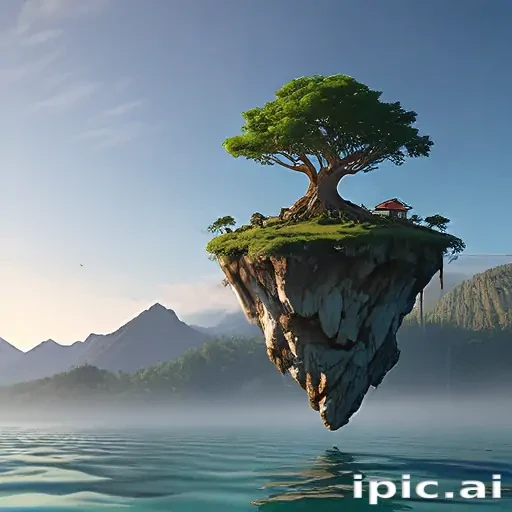 A Serene Floating Island with a Majestic Tree and Cozy House Above Water.
