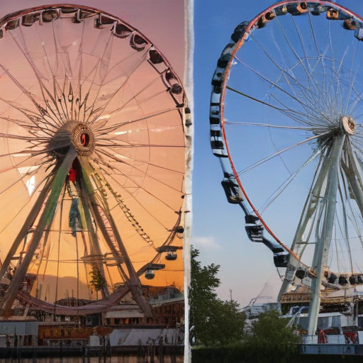 two ferris wheels,one earth themed and one sun themed