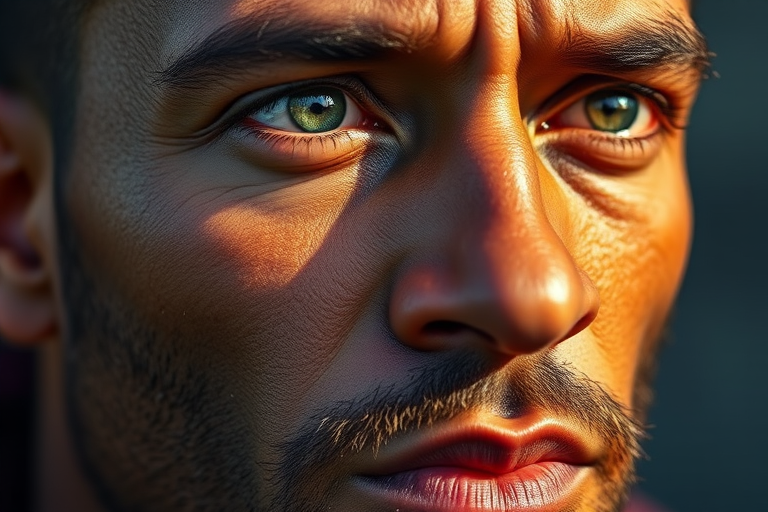 Create a high-resolution close-up portrait of a man's face with vibrant ...