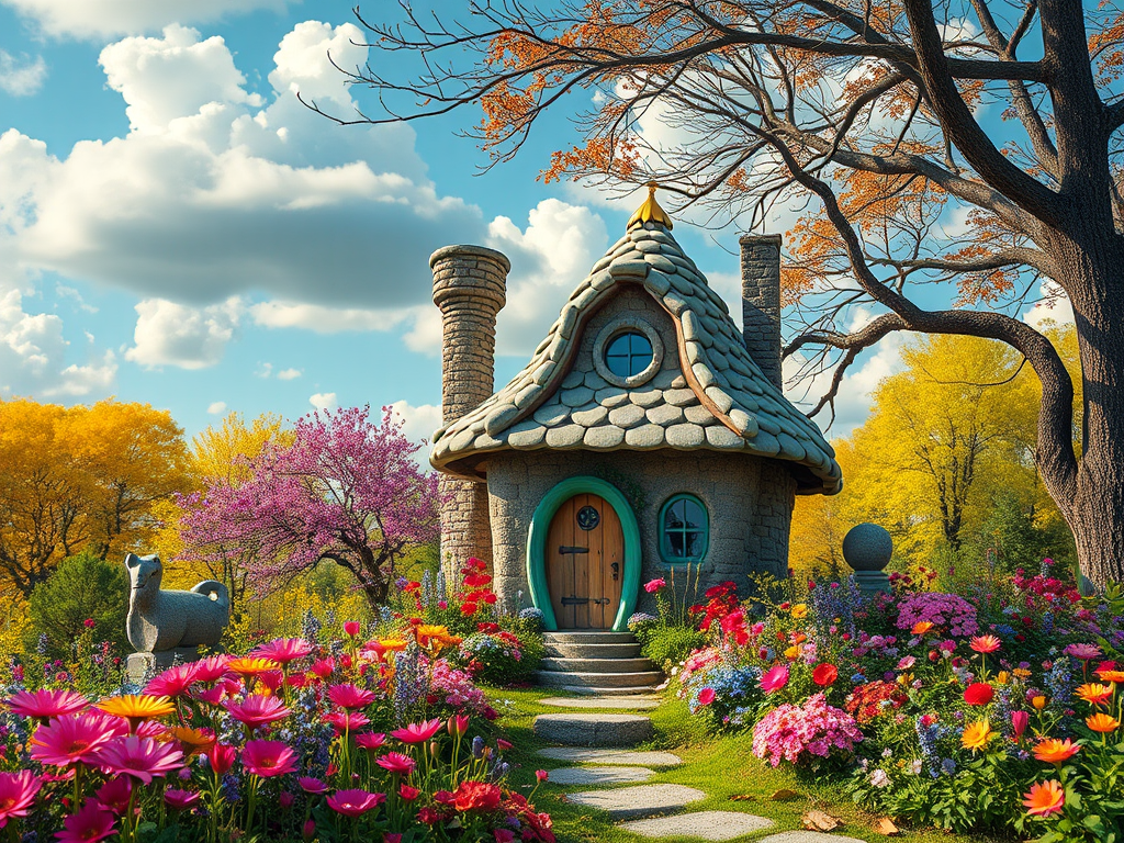 A Charming Fairy-Tale Cottage Surrounded by Vibrant Flowers and Trees.