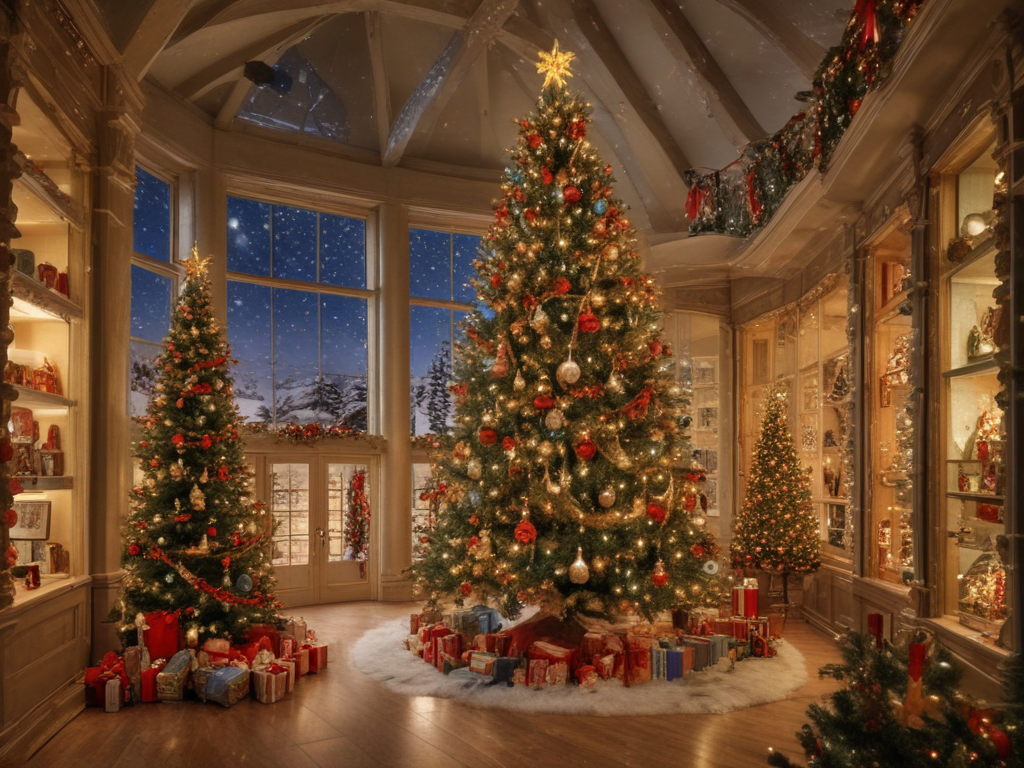 Cozy Christmas Scene Featuring Two Beautifully Decorated Trees and Gifts