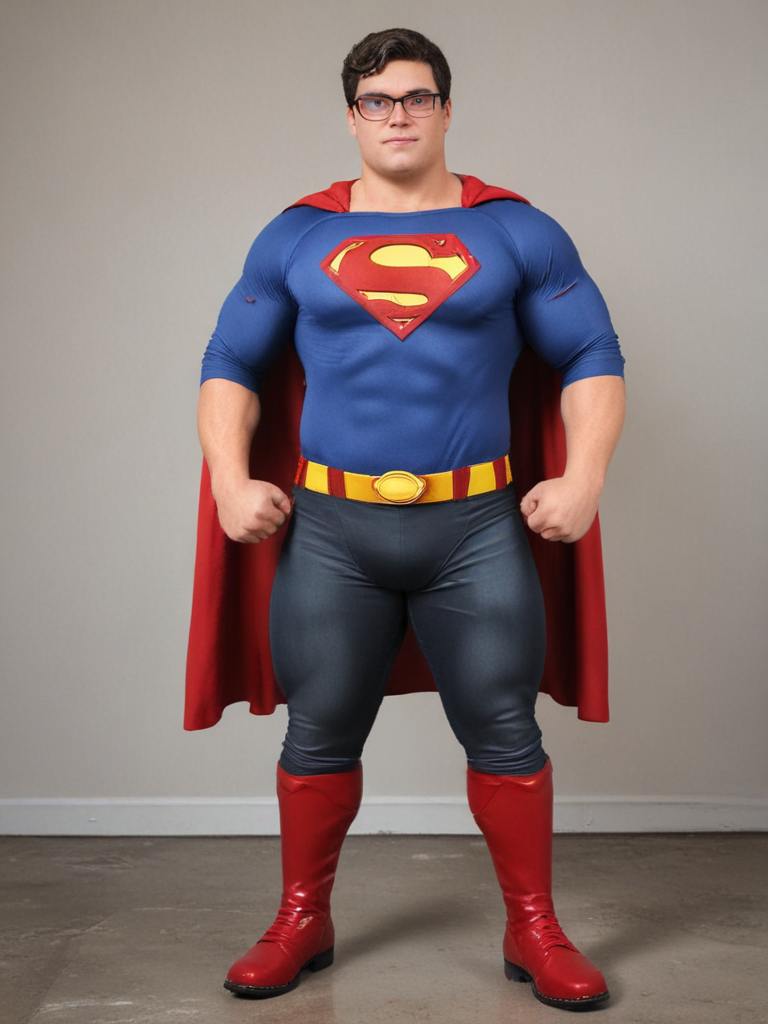 Realistic chubby high school guy, nerd guy, realistic superman costume ...