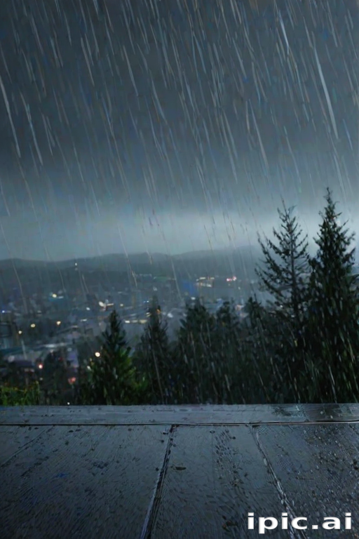 Heavy Rainfall Over a Serene City Landscape Surrounded by Tall Trees