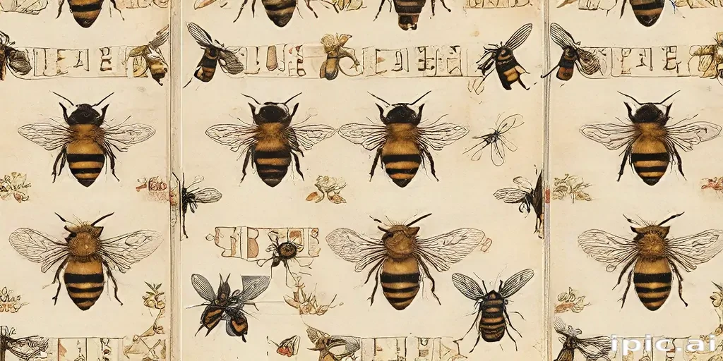 Intricate Vintage Illustration Featuring Various Bees and Floral Elements