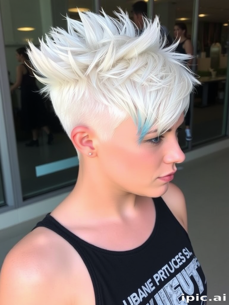 Trendy Short Spiky Hairstyle with Bold White Color and Blue Highlights