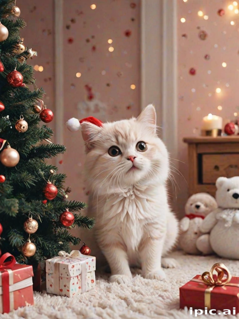 A Festive Scene Featuring a Curious Cat Amid Holiday Decorations and Gifts