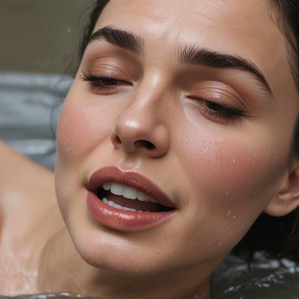 Gal gadot open mouth wide. Wet face. Sleeping.
