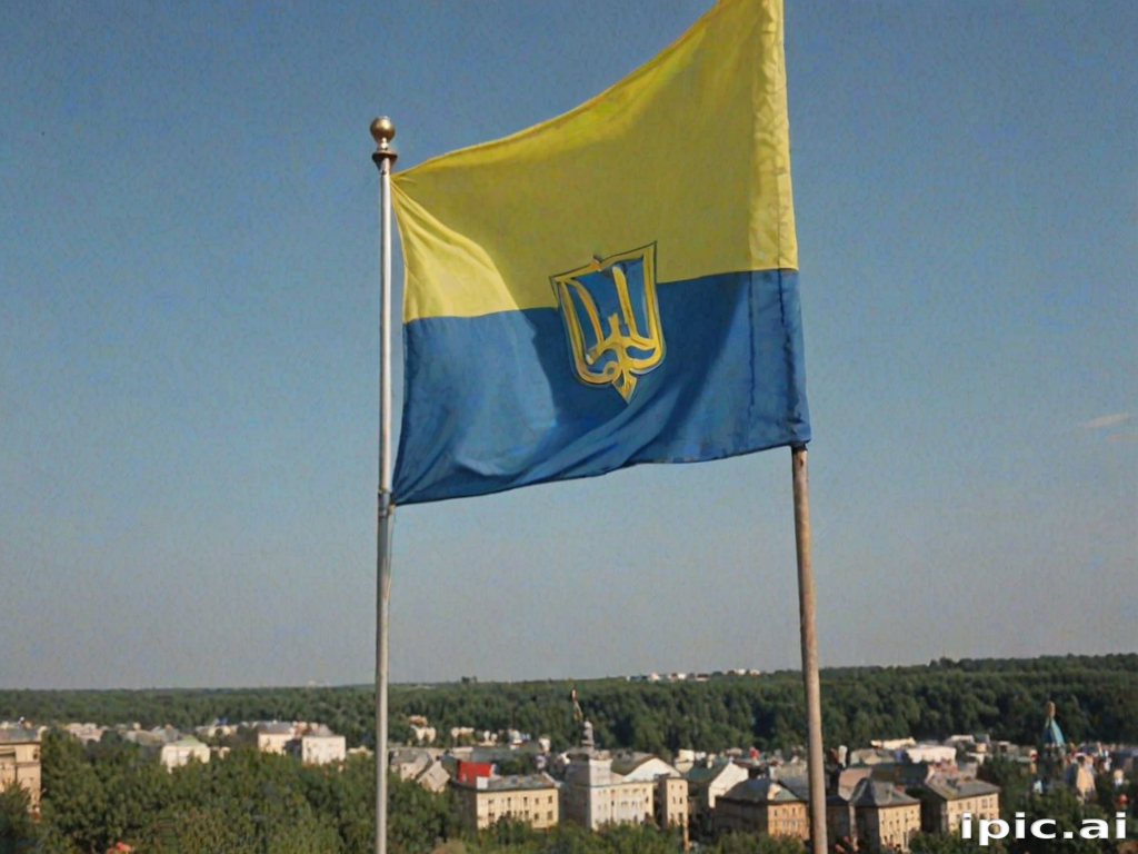 Ukrainian Flag Waves Proudly Above a Scenic City Landscape Below