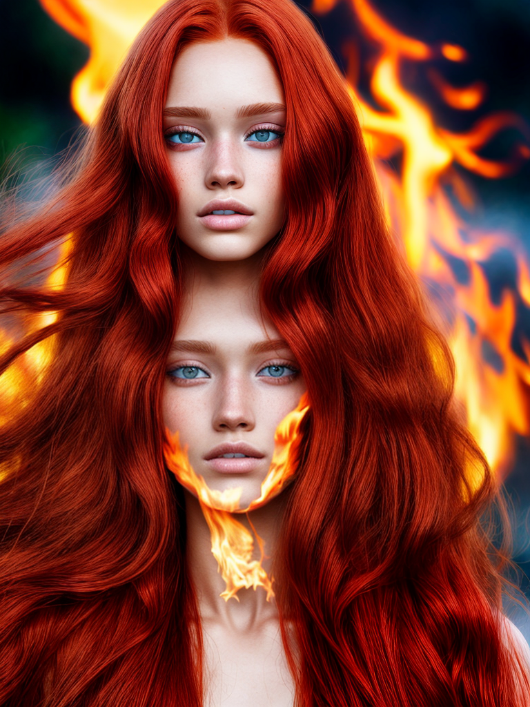Long red hair, tan skin, beautiful, gold eyes, fire