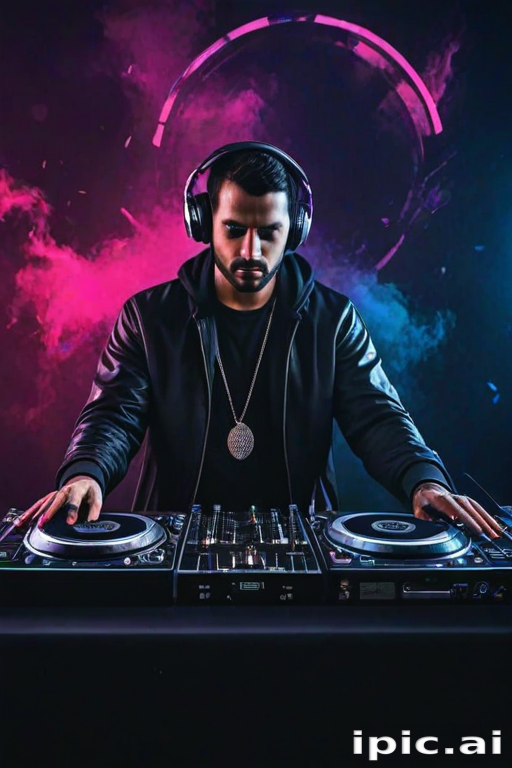 Dynamic DJ Performance with Vibrant Colors and Intense Energy at Night