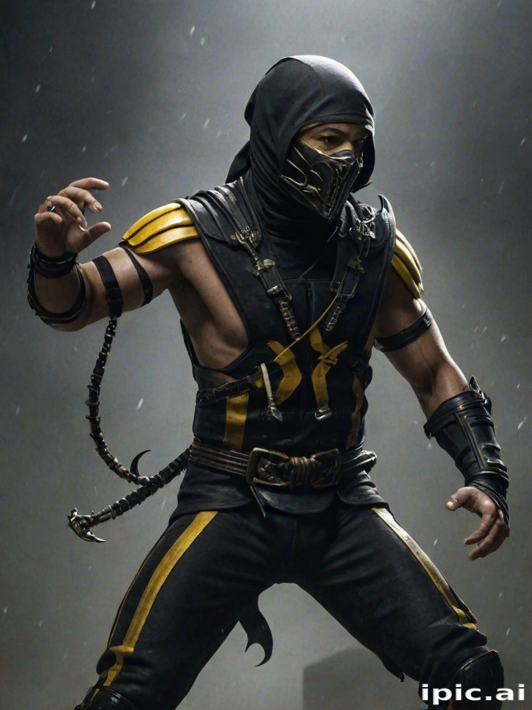 Dynamic Action Pose of a Mysterious Ninja Warrior in Dark Costume