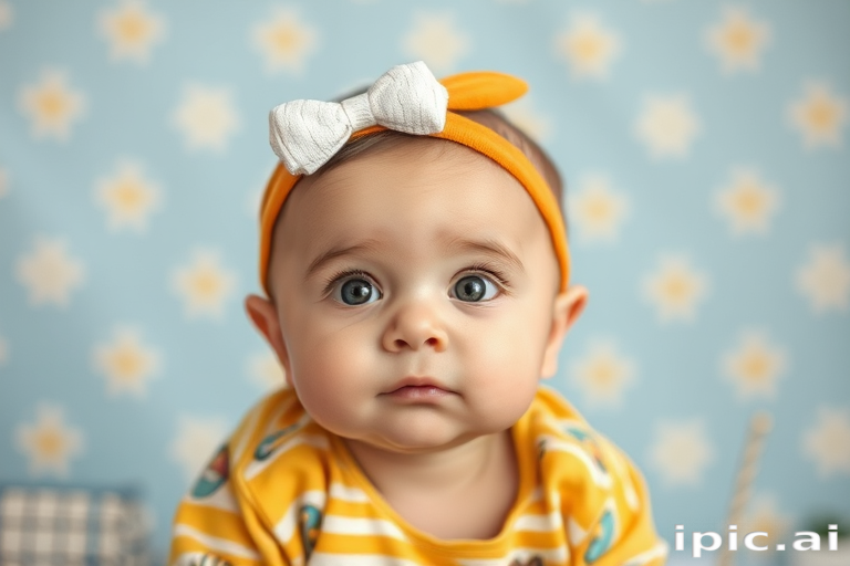 A Cute Baby with Big Eyes and a Bright Orange Headband.